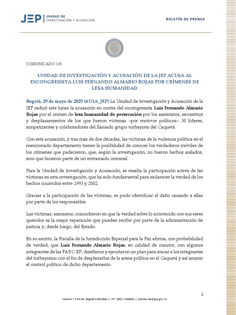 Comunicado UIA No. 130 - Unidad de Investigación y Acusación de La JEP ...