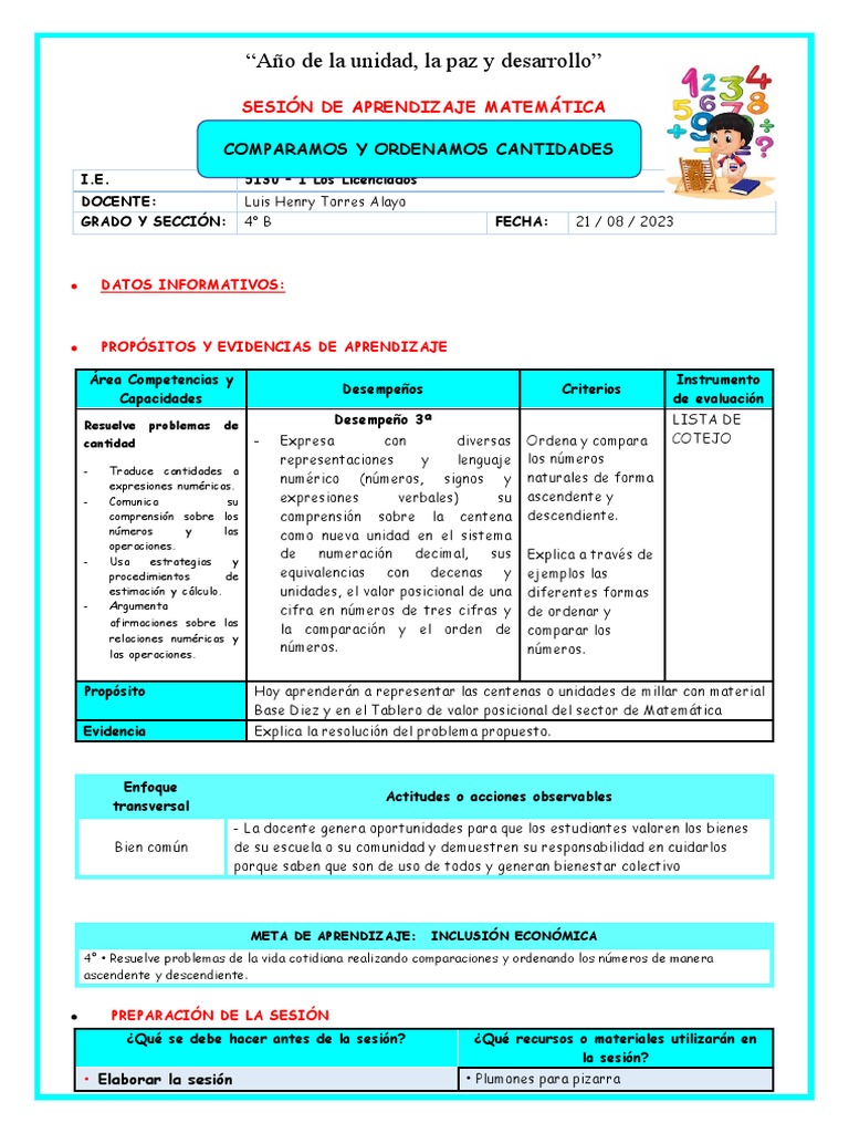 Sesion 16 Ordenamos y Comparamos Cantidades (Matemática) | PDF | Evaluación | Aprendizaje