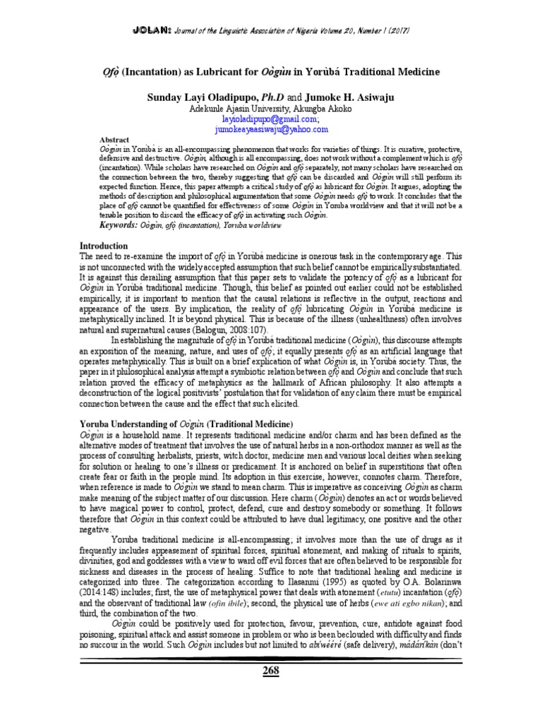 Ò̩fò̩̀ (Incantation) As Lubricant For Oògùn in Yorùbá Traditional Medicine | PDF | Metaphysics ...