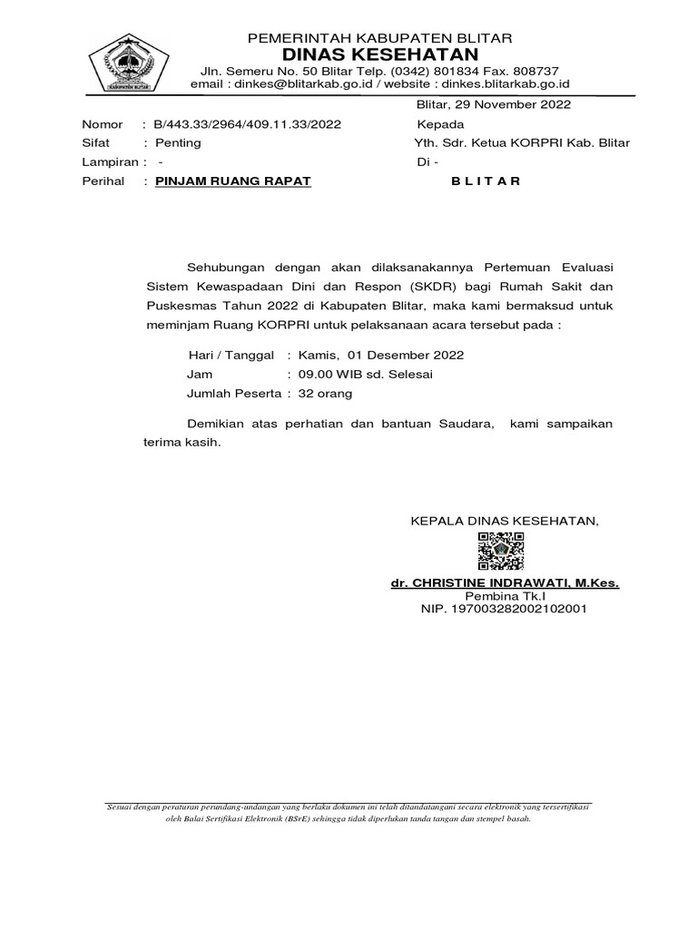 Permohonan Pinjam Ruang KORPRI Blitar | PDF