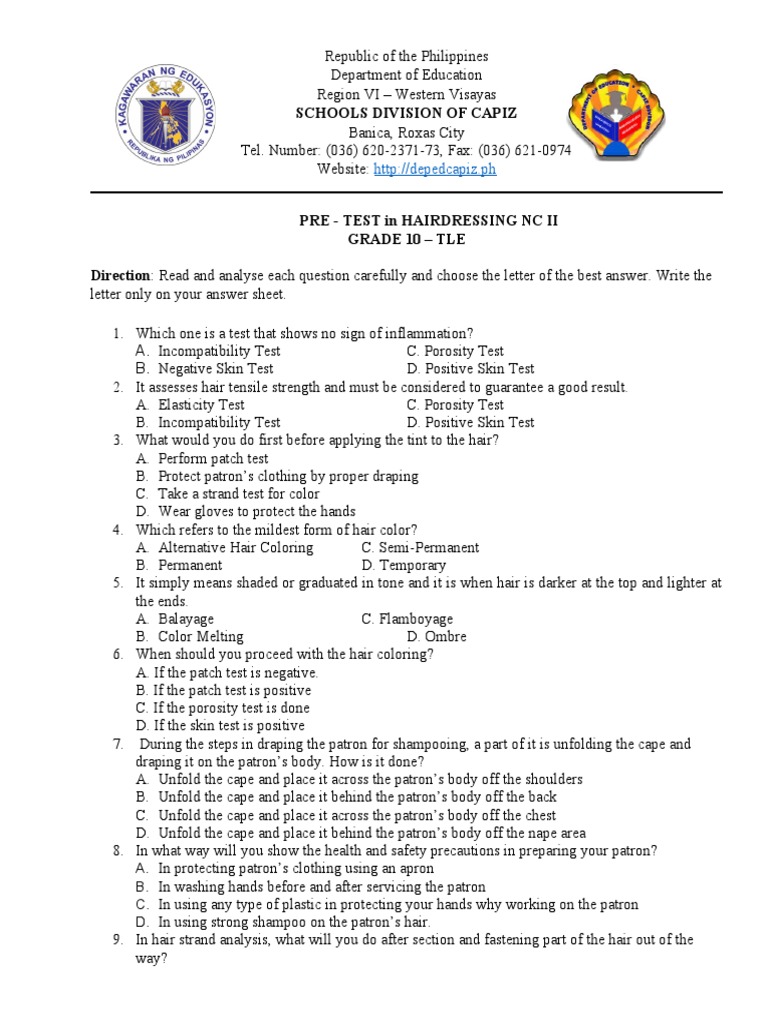 Final Pre Test Grade 10 Hairdressing | PDF