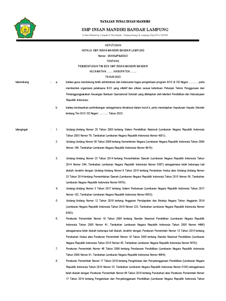 (Panduanmengajar - Com) - Contoh SK Tim BOS Reguler 2023 | PDF