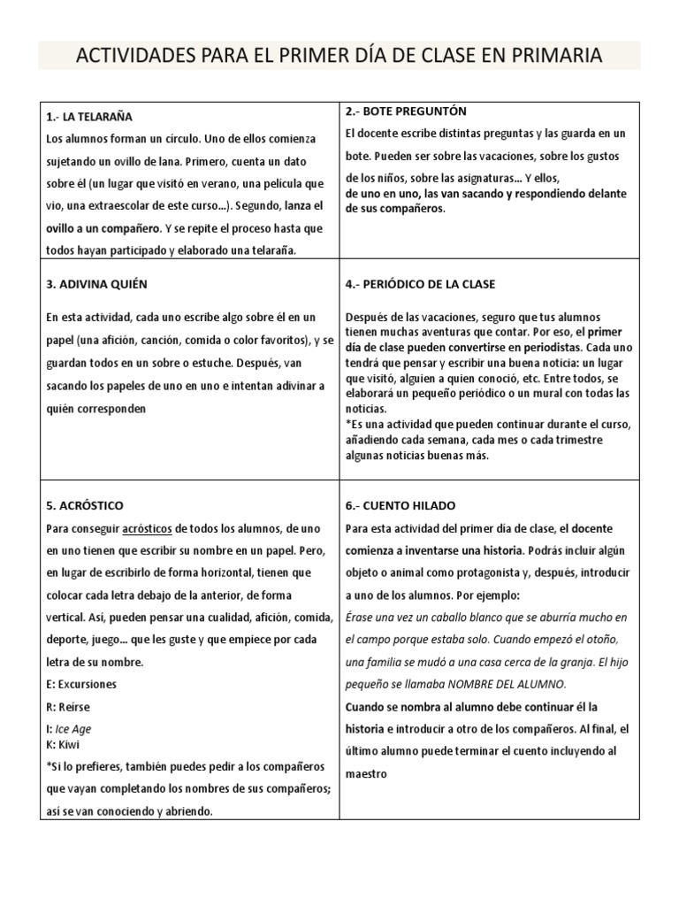 Actividades para El Primer Día de Clase en Primaria | PDF