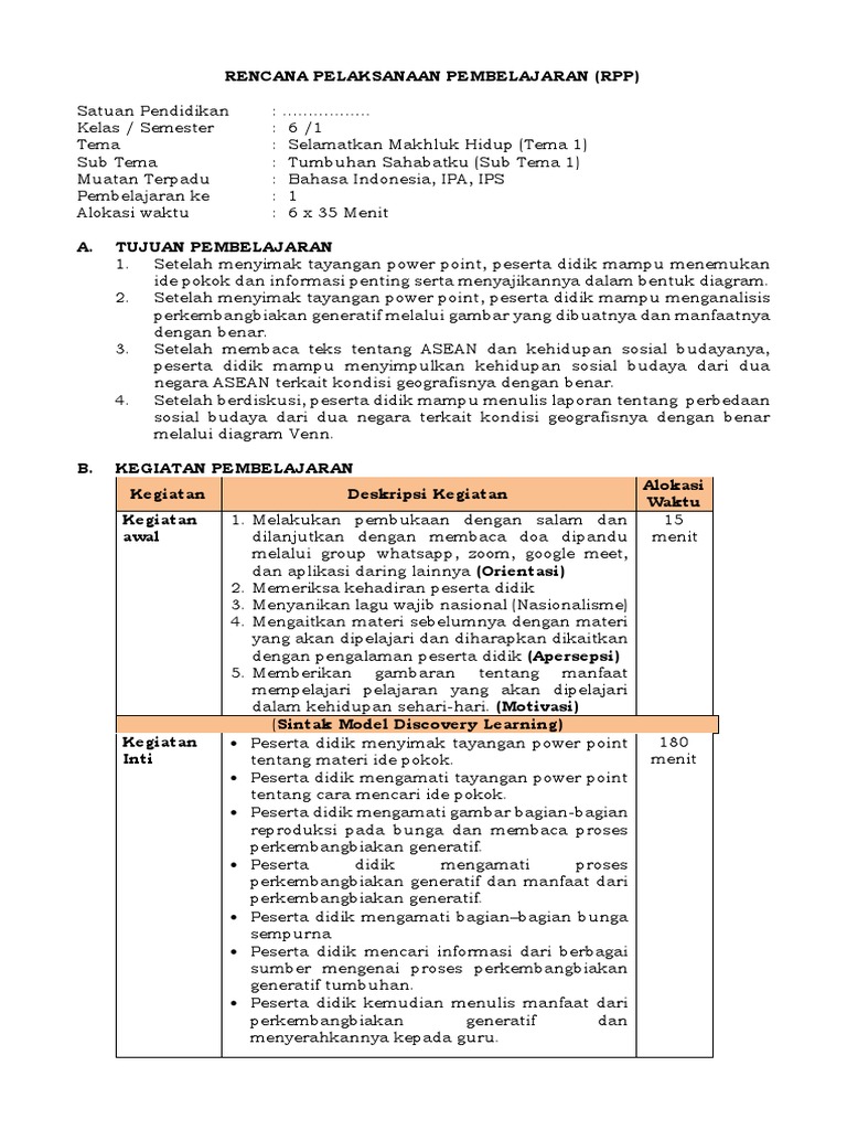 RPP Kelas 6 Tema 1 ST 1 PB 1 | PDF