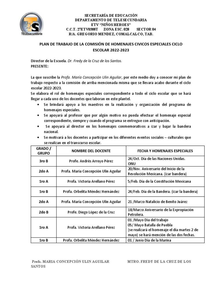 PLAN DE TRABAJO DE LA COMISIÓN DE HOMENAJES CIVICOS ESPECIALES CICLO ESCOLAR 2022 | PDF