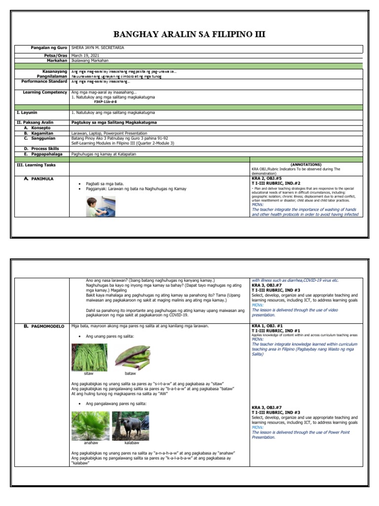 Banghay Aralin Fil 3 Cot | PDF