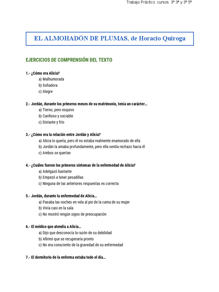 El Almohadón de Plumas - , de Horacio Quiroga (Cuestionario) | PDF