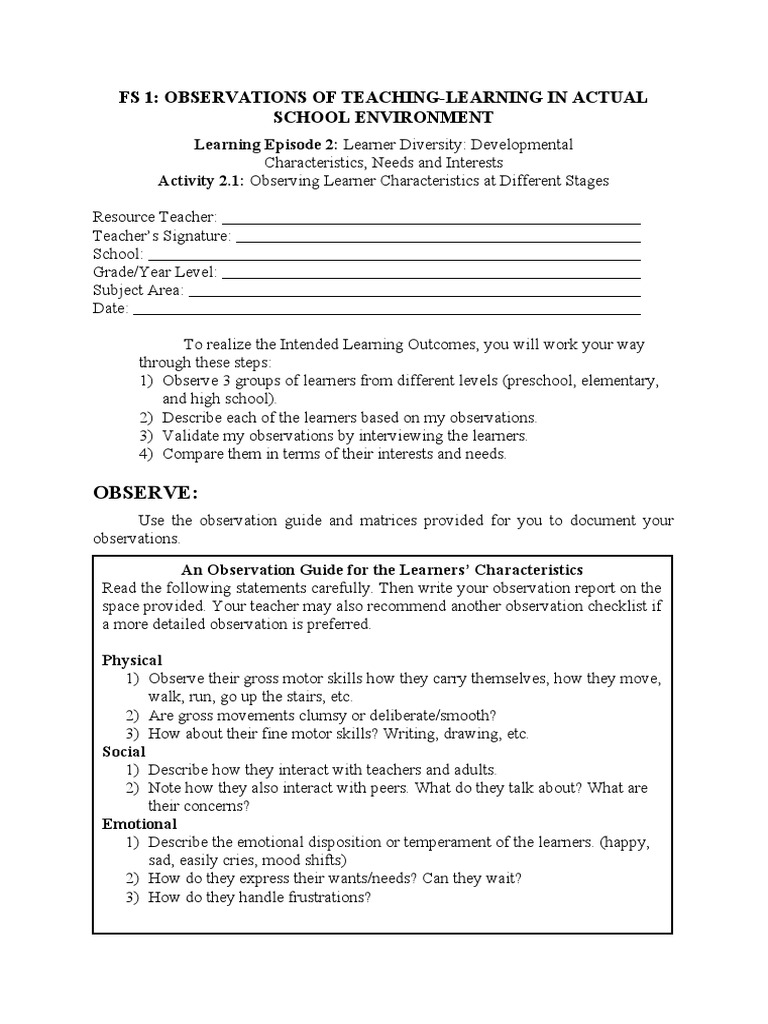FS 1-LE 2-Observing Learner Characteristics at Different Stages | PDF ...
