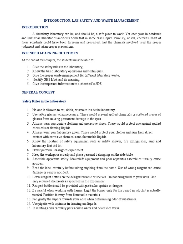 Excercise 1 Introduction Lab Safety Waste Management | PDF