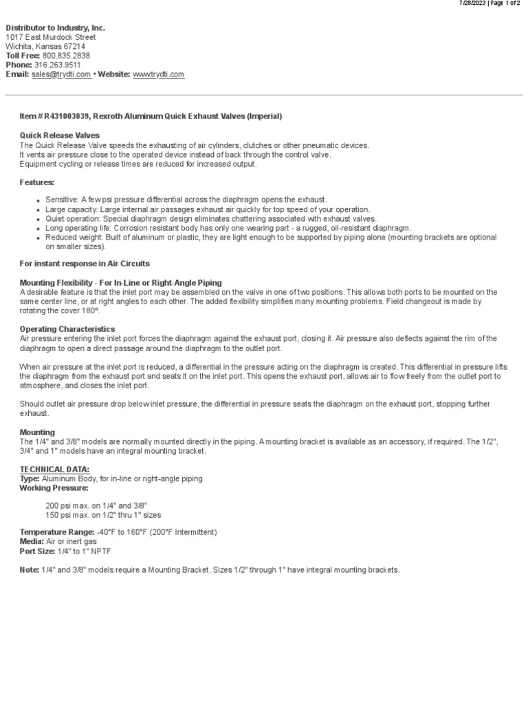R431003039 RexrothAluminumQuickExhaustValves (Imperial) | PDF | Valve ...