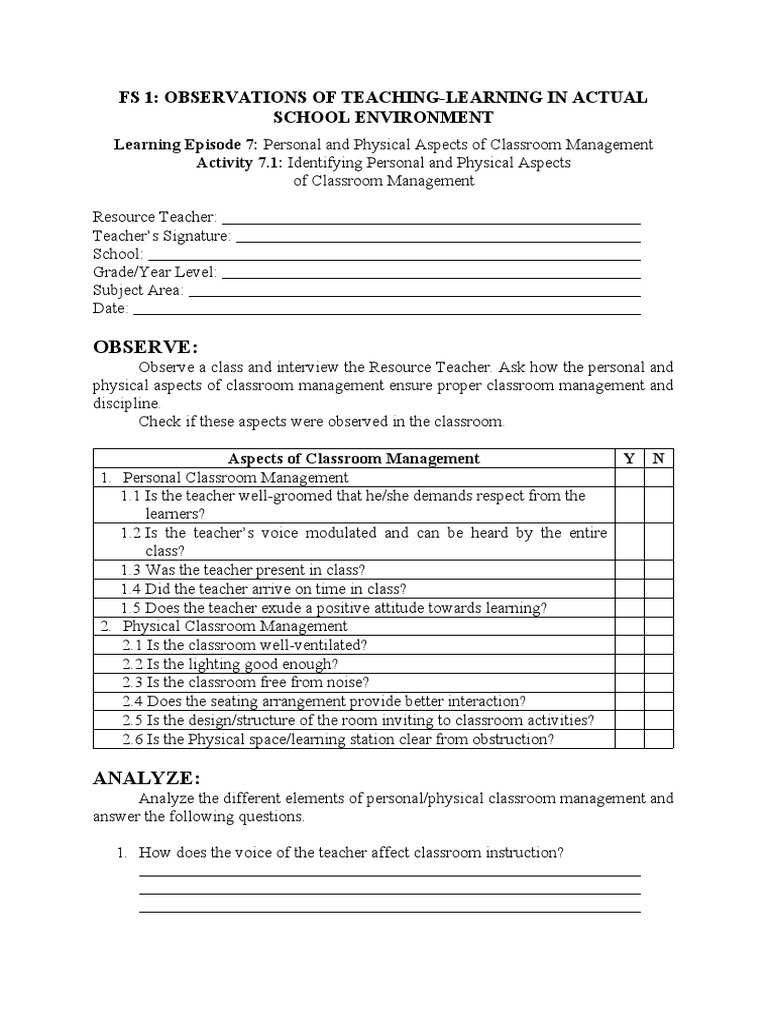 FS 1-LE 7-Physical and Personal Aspects of Classroom Management | PDF | Classroom Management ...