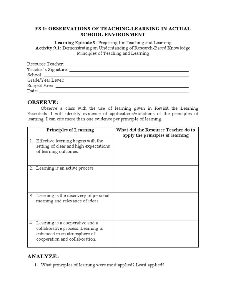 FS 1-LE 9-Preparing For Teaching and Learning | PDF | Learning | Teachers