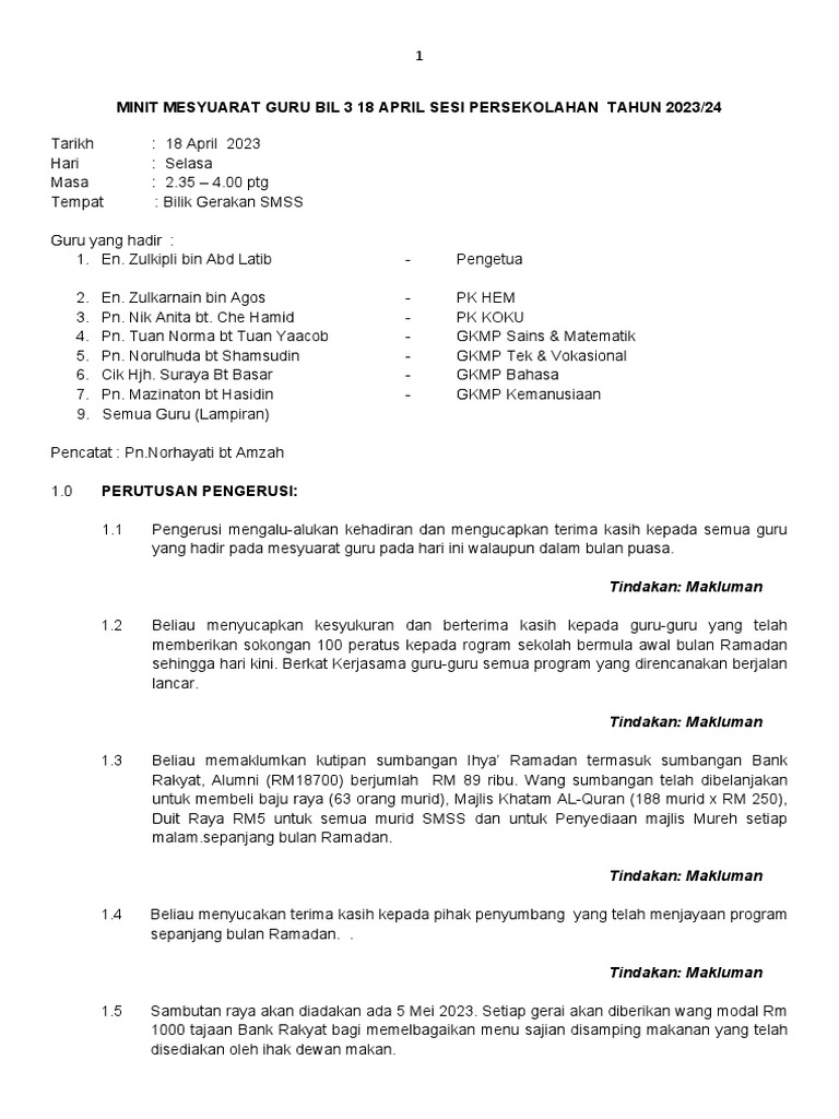 MINIT MESYUARAT GURU BIL 3 18 ARpIL TAHUN 2023 | PDF