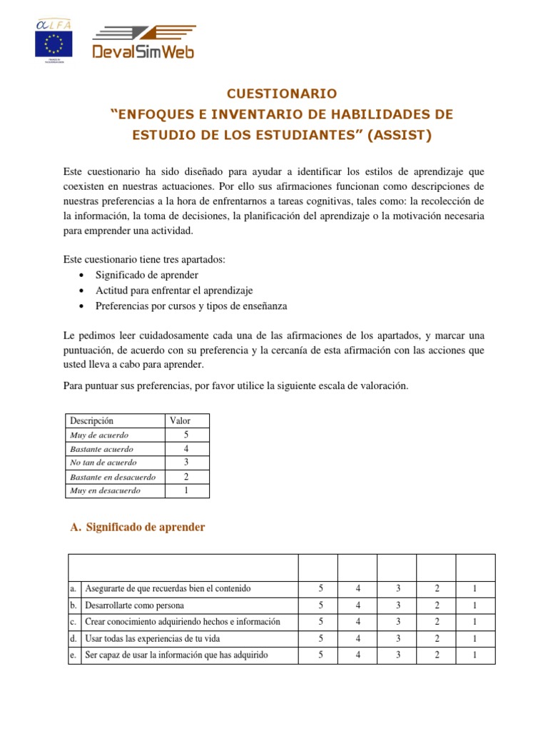 Cuestionario ASSIST | PDF | Aprendizaje | Evaluación