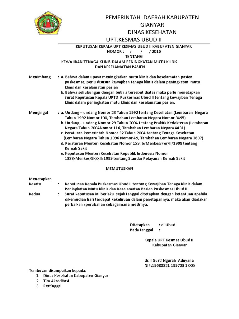 9,1.1.1. SK Kapus Tentang Kewajibantenaga Klinis DLM Peningkatan Mutu Klinis Dan Keselamatan ...