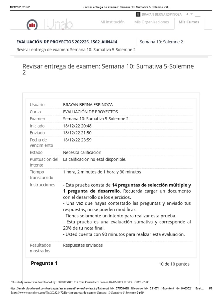 Revisar Entrega de Examen Semana 10 Sumativa 5 Solemne 2 .. PDF | PDF | Tasa interna de retorno ...