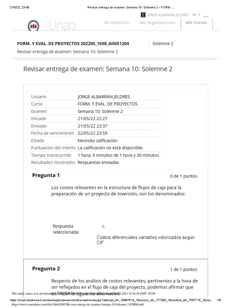 Revisar Entrega de Examen Semana 10 Solemne 2 FORM. .. PDF | PDF Revisar Entrega de Examen Semana 10 Solemne 2 FORM. .. PDF | PDF