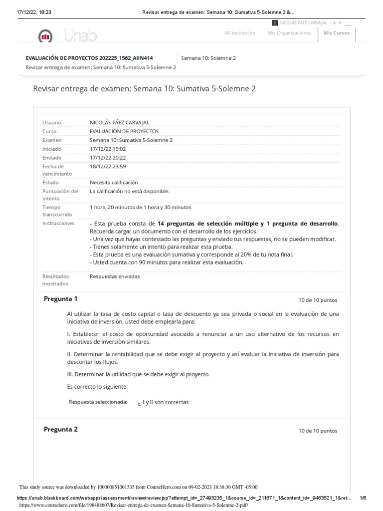 Revisar Entrega de Examen Semana 10 Sumativa 5 Solemne 2 ..99 | PDF | Tasa interna de retorno ...
