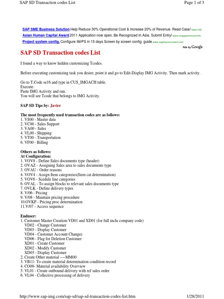 SAP SD Transaction Codes | PDF