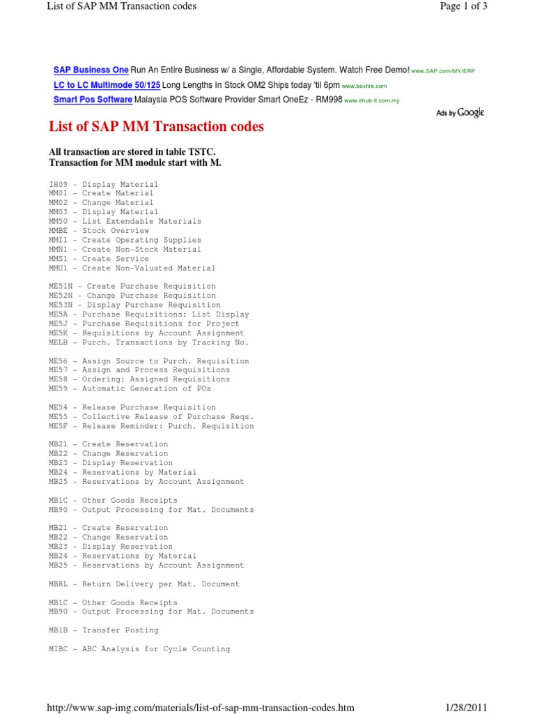 Sap Mm Transaction Codes Pdf Sap Se Information Technology
