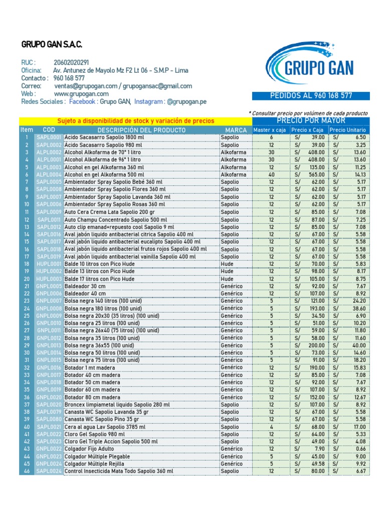 Lista de Precios Productos de Limpieza GRUPO GAN | PDF