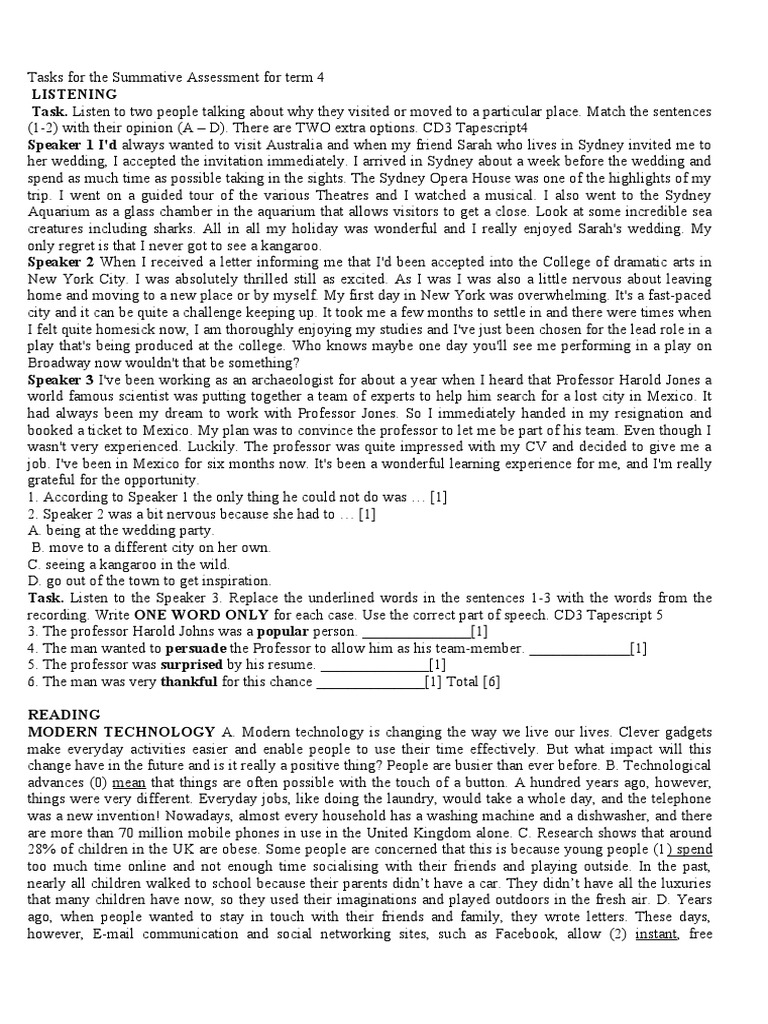 Tasks For The Summative Assessment For Term 4.9 | PDF