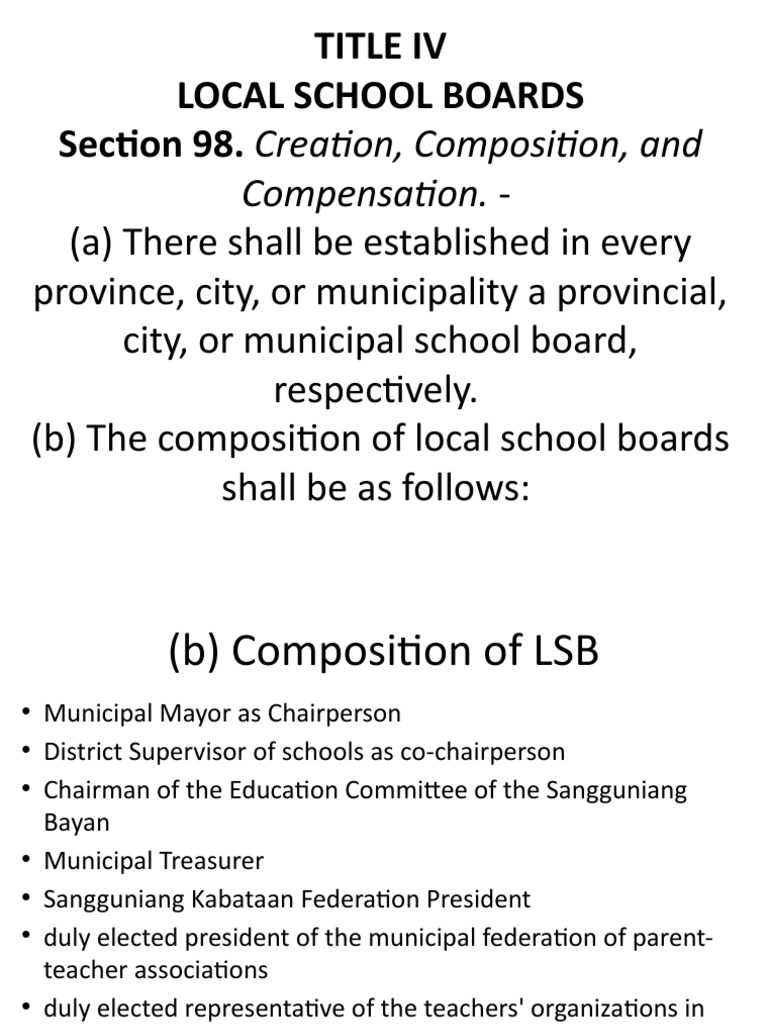 Title Iv Local School Boards Section 98. Creation, Composition, and ...