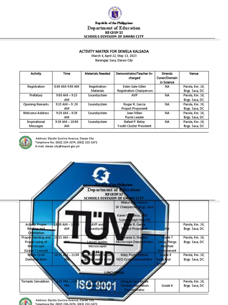 Activity Matrix For Skwela Kalsada | PDF | Earth Sciences