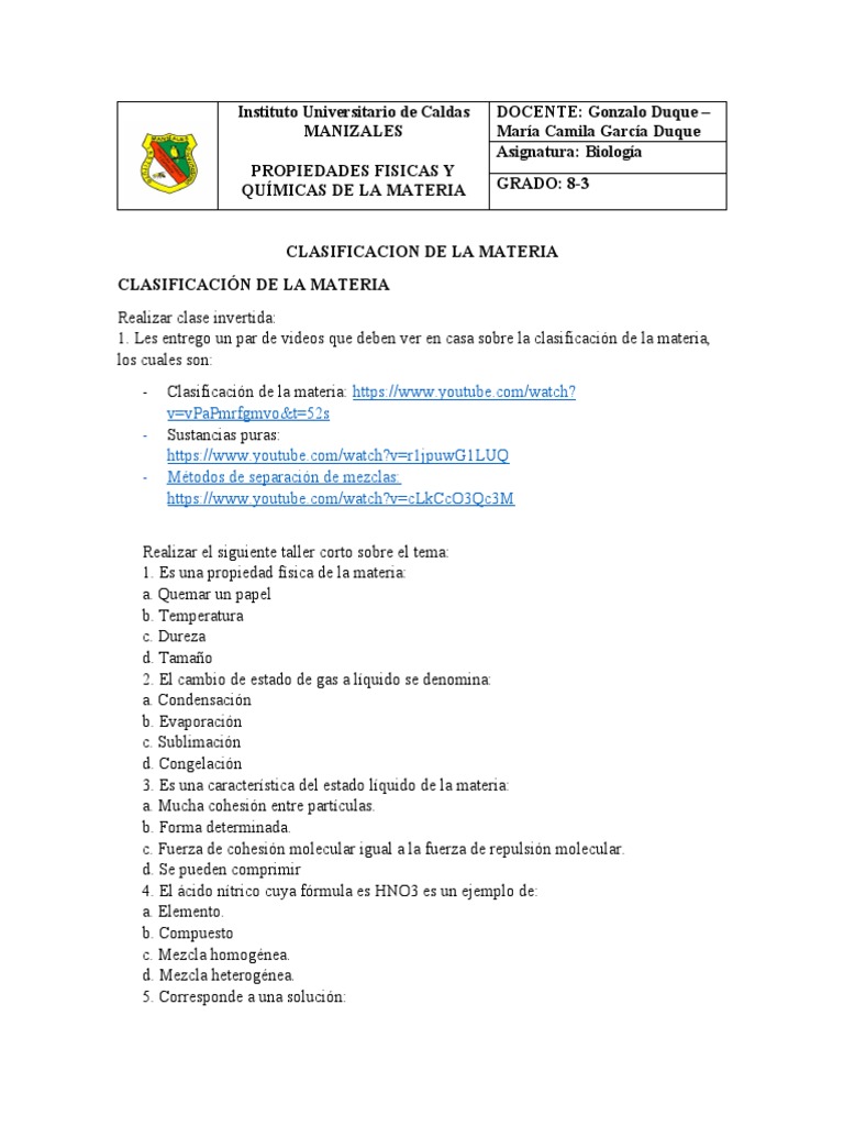 Taller Clasificacion de La Materia y Separacion de Mezclas | PDF ...