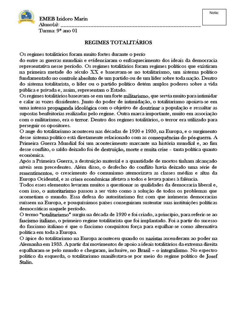 Regimes Totalitários - Atividade | PDF | Totalitarismo | Fascismo