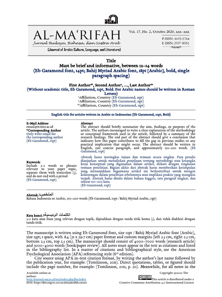 Manuscript Template Al-Ma'rifah | PDF | Citation | Apa Style