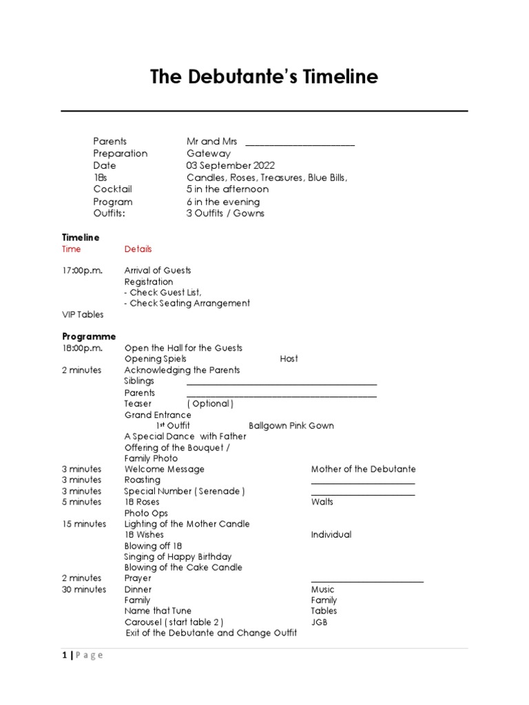 The Debutante Timeline Template - Surigao | PDF