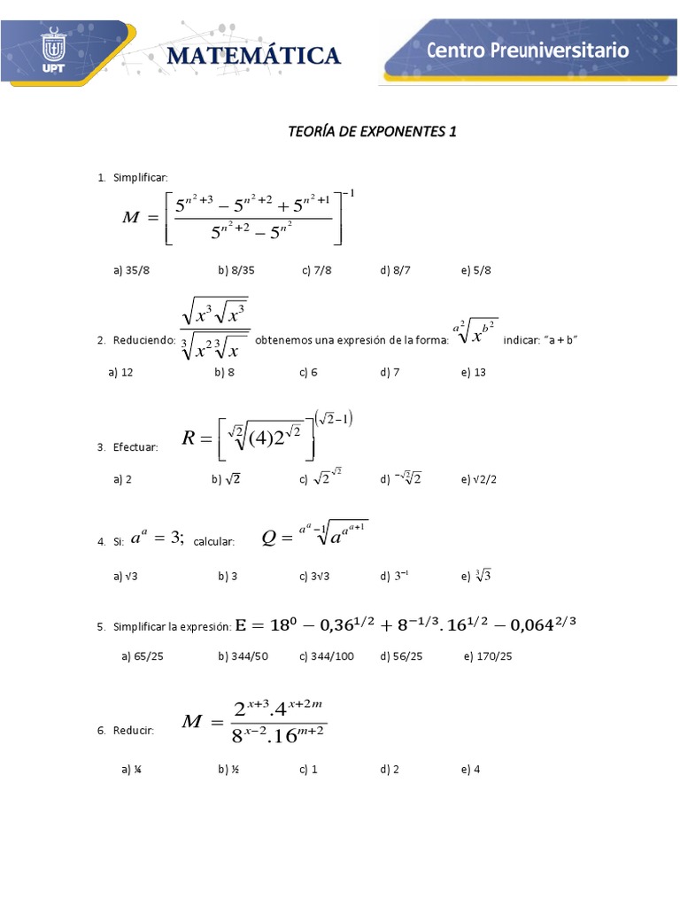 PRACTICA 1; TEORÍA DE EXPONENTES | PDF