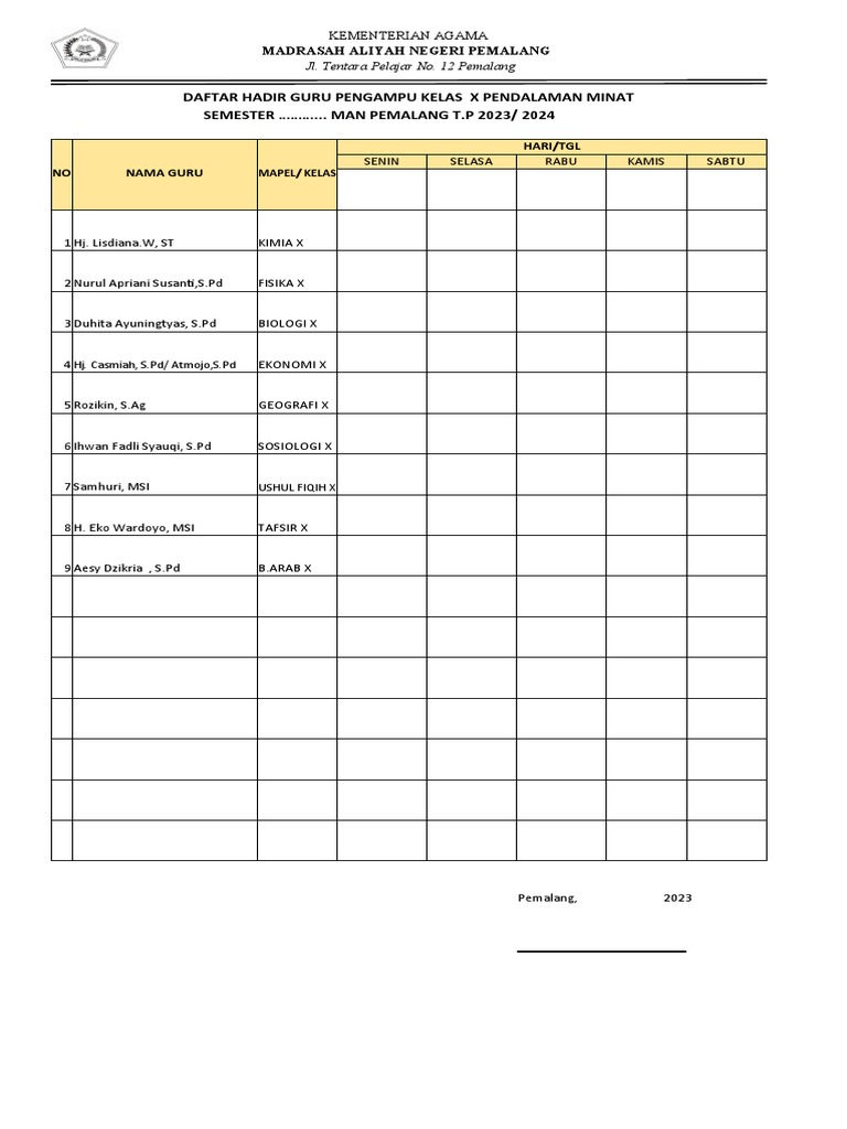 Absen Guru Pendalaman-Jadwal Pelajaran Sore-Jadwal Piket Absensi | PDF