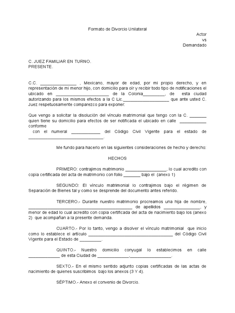 Formato de Demanda de Divorcio Unilateral | PDF | Divorcio | Matrimonio