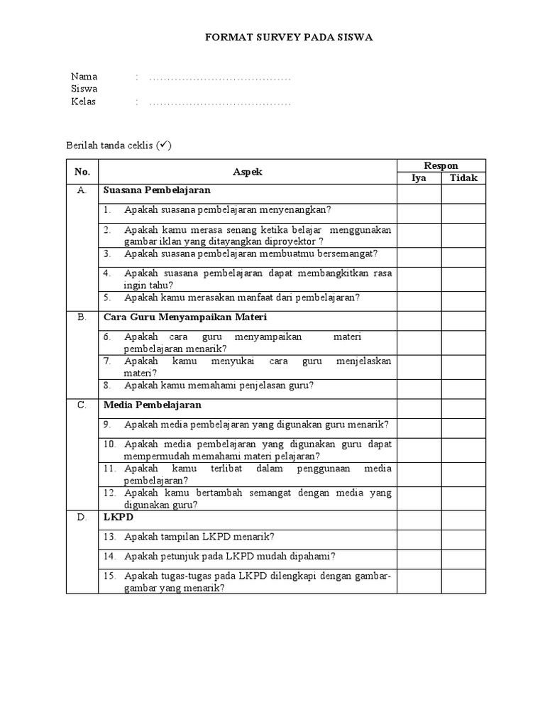Draft FORMAT SURVEY PADA SISWA | PDF
