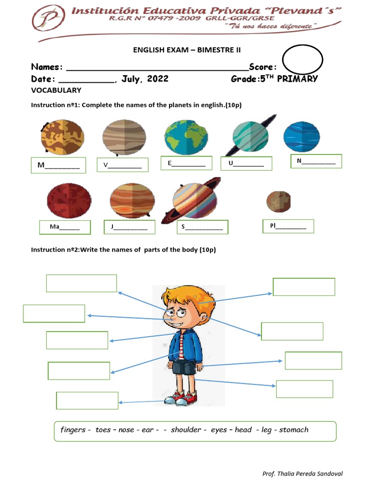 5th Grade English Exam: Vocabulary & Grammar | PDF | Language Arts ...