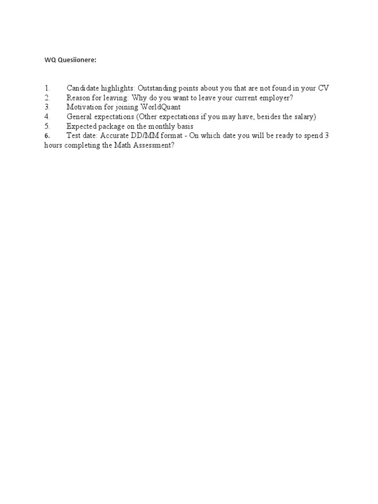 WQ Questionnaire | PDF