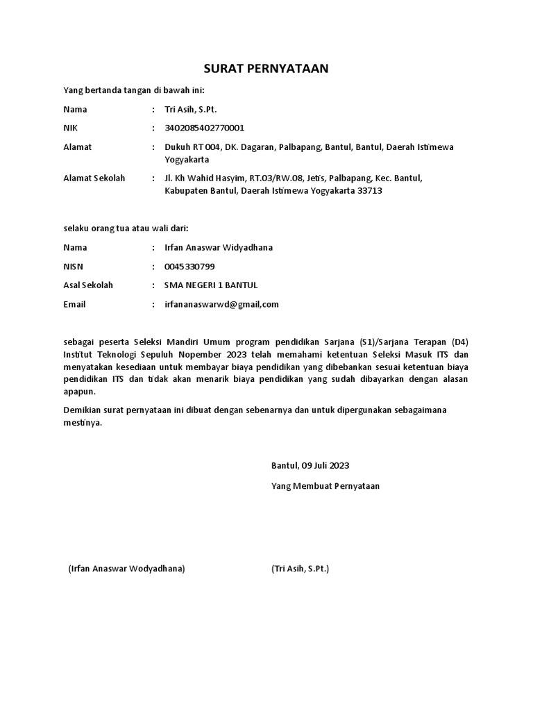 Surat Pernyataan Seleksi Mandiri Kemitraan Dan Umum | PDF