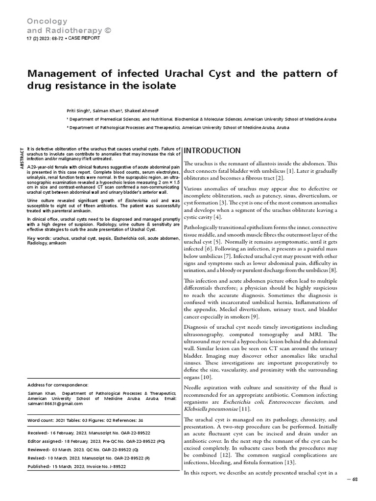 Management of Infected Urachal Cyst and The Pattern of Drug Resistance ... Management of Infected Urachal Cyst and The Pattern of Drug Resistance ...