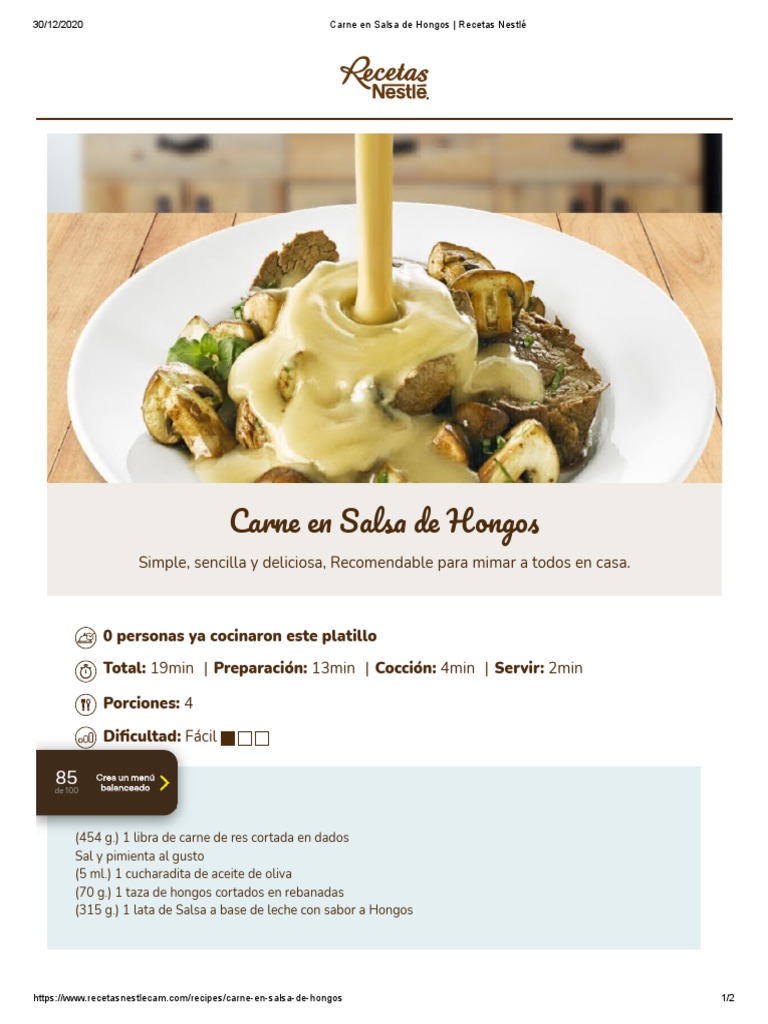 Carne en Salsa de Hongos - Recetas Nestlé | PDF