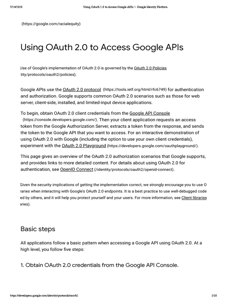 Using OAuth 2.0 To Access Google APIs - Google Identity Platform | PDF