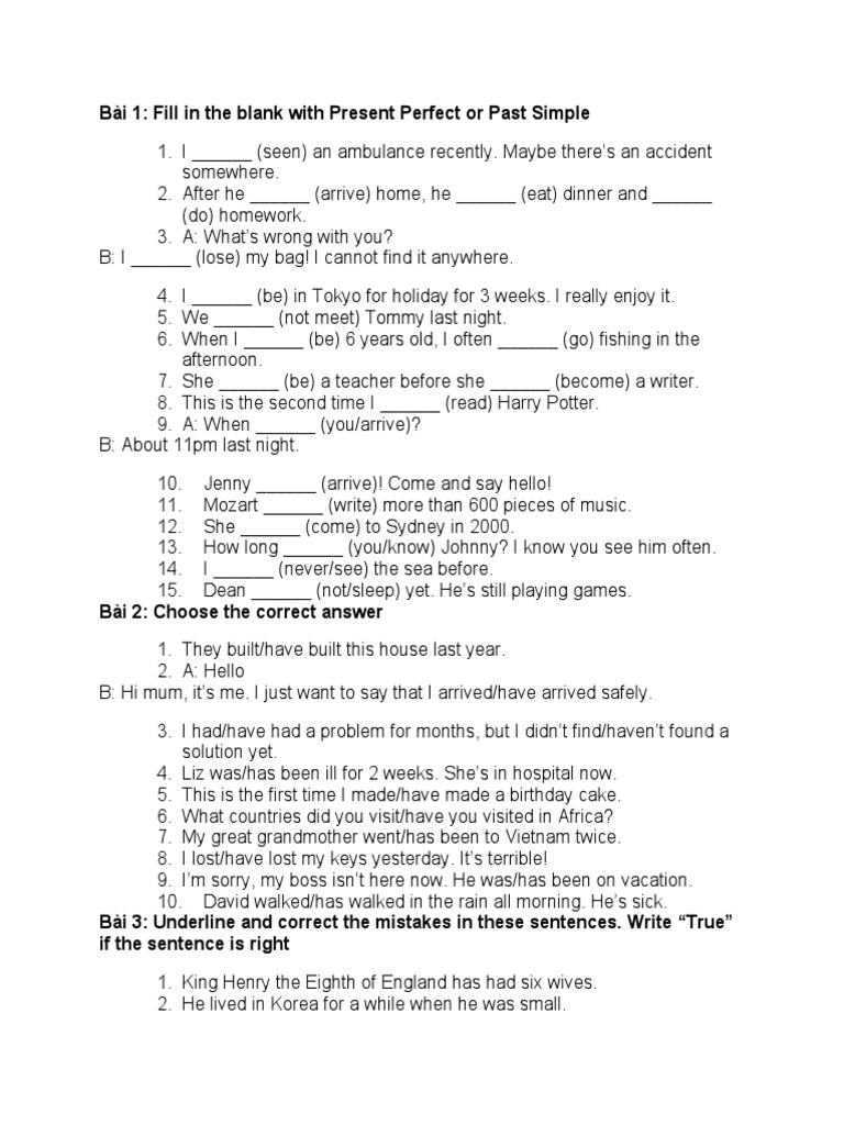 Exercise Present Perfect & Past Simple | PDF