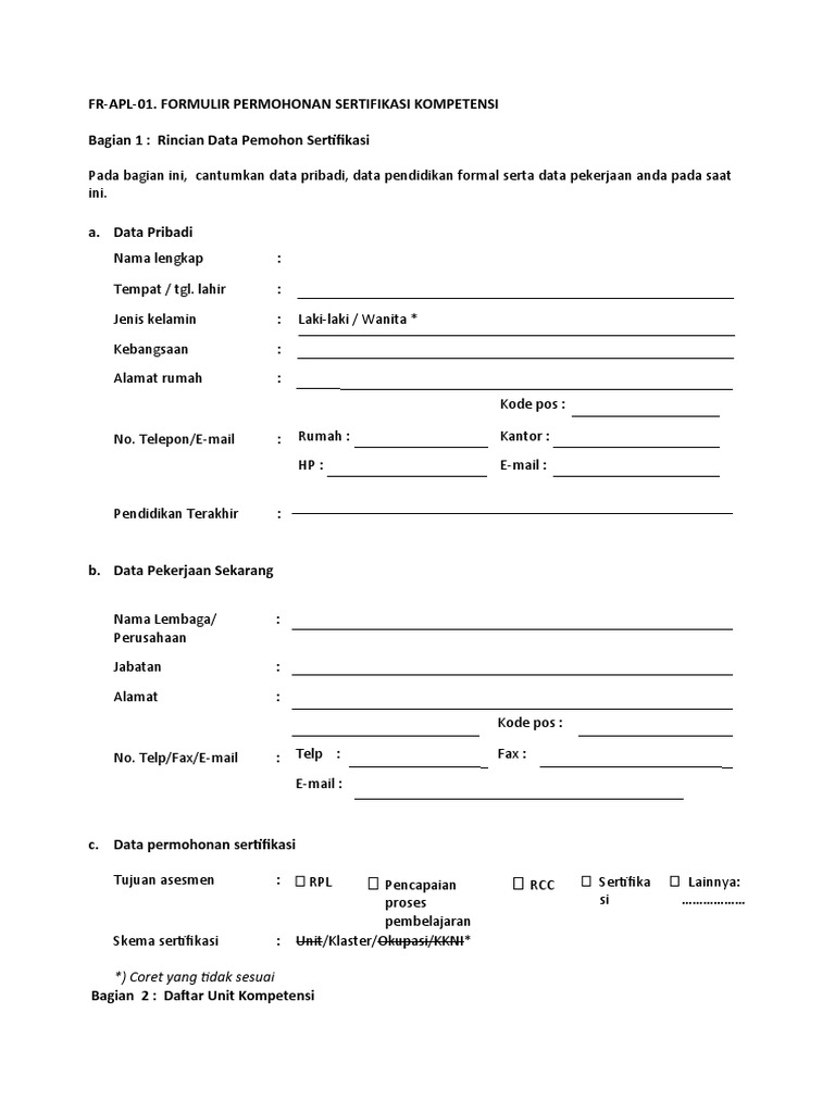 FR - APL.01.formulir Permohonan Sertifikasi Kompetensi | PDF
