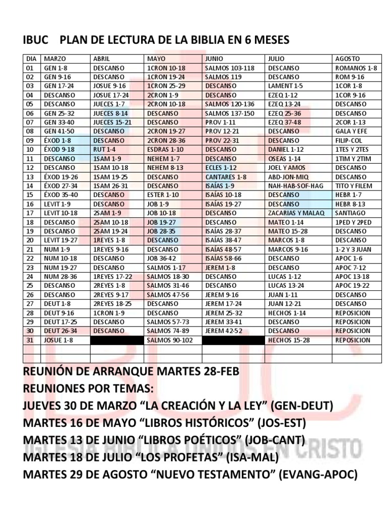 PLAN DE LECTURA DE LA BIBLIA EN 6 MESES DEFINITIVO 2023-02-12 Hoja 1 Corregido | PDF | Contenido ...