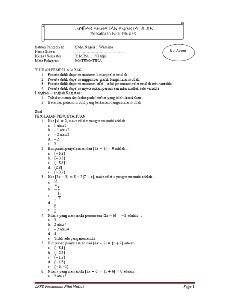 LKPD Persamaan Nilai Mutlak | PDF
