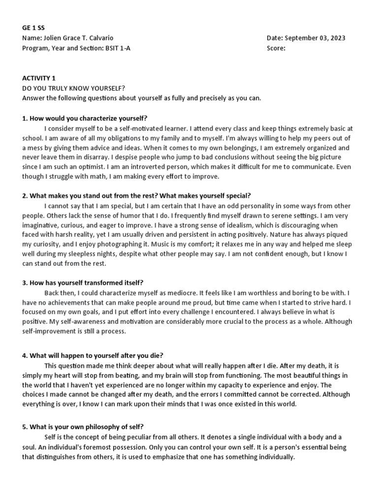 Understanding The Self Assignment | PDF | Self-Improvement