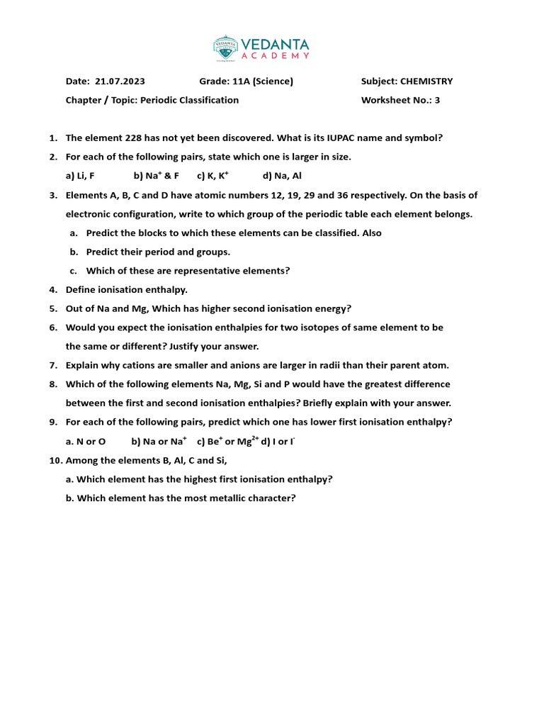 Grade 11 - Chemistry - Worksheet-3 - (21.07.2023) | PDF