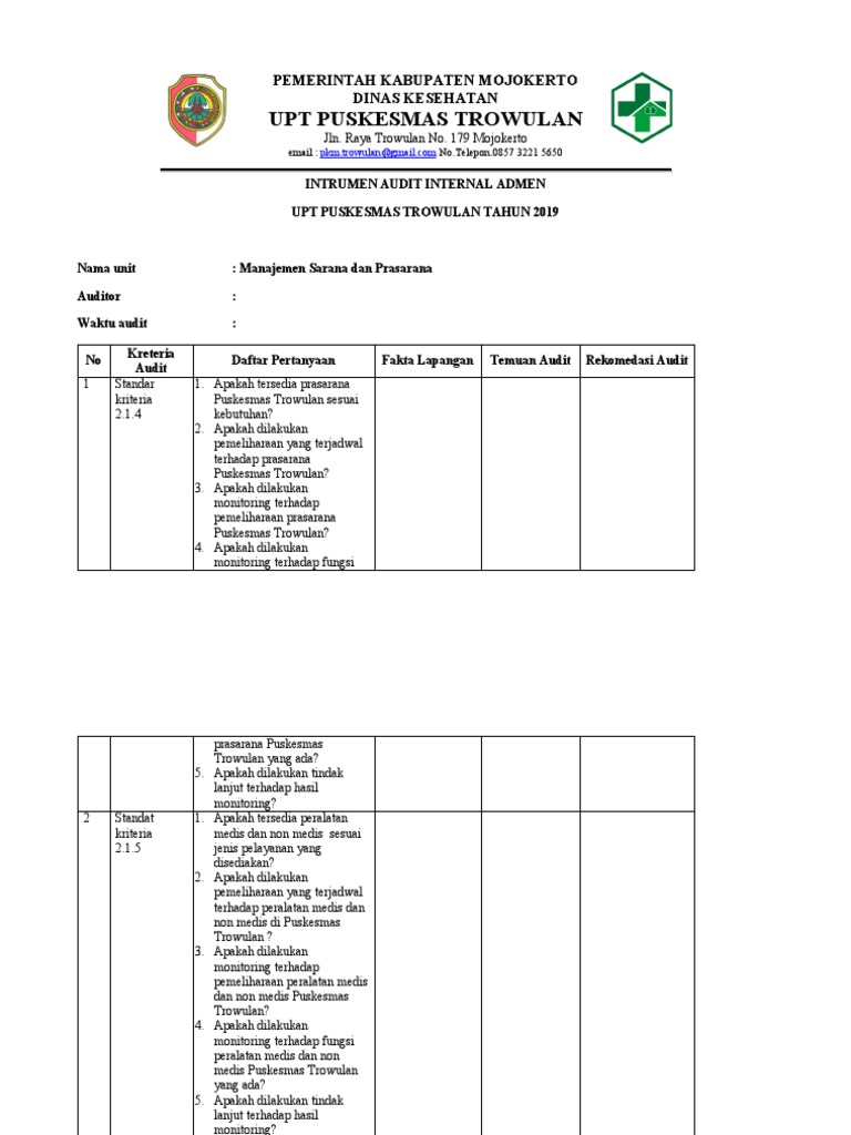 Instrument Audit Internal Admen Upt Puskesmas Trowulan | PDF