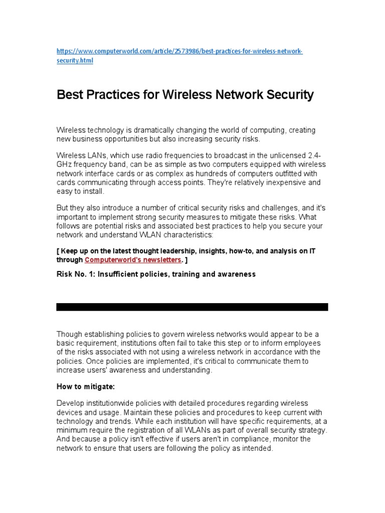 Best Practices For Wireless Network Security | PDF | Computer Network | Encryption
